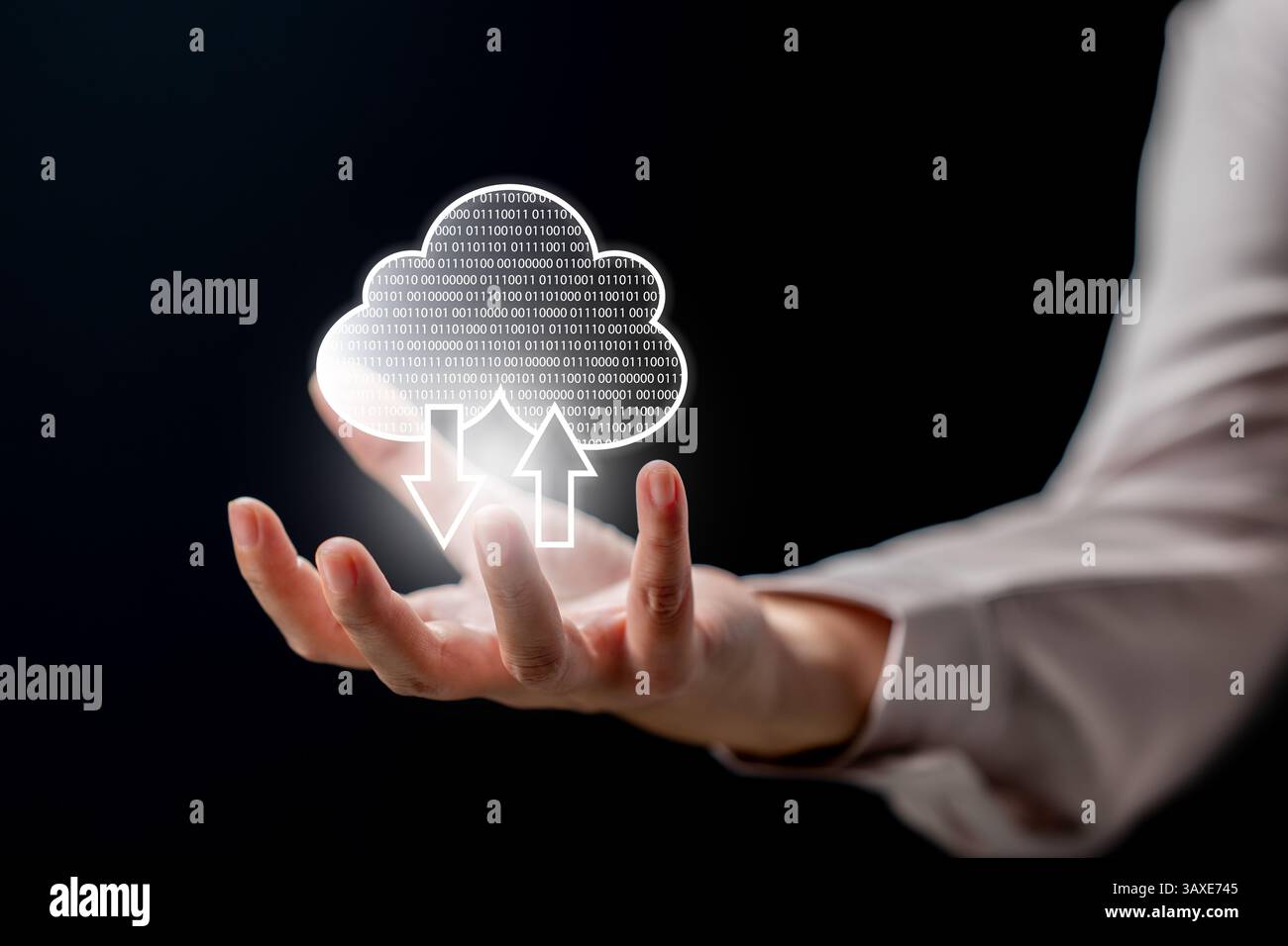 Businessperson showing a cloud computing icon on his hand. Technology innovation on a virtual ...
