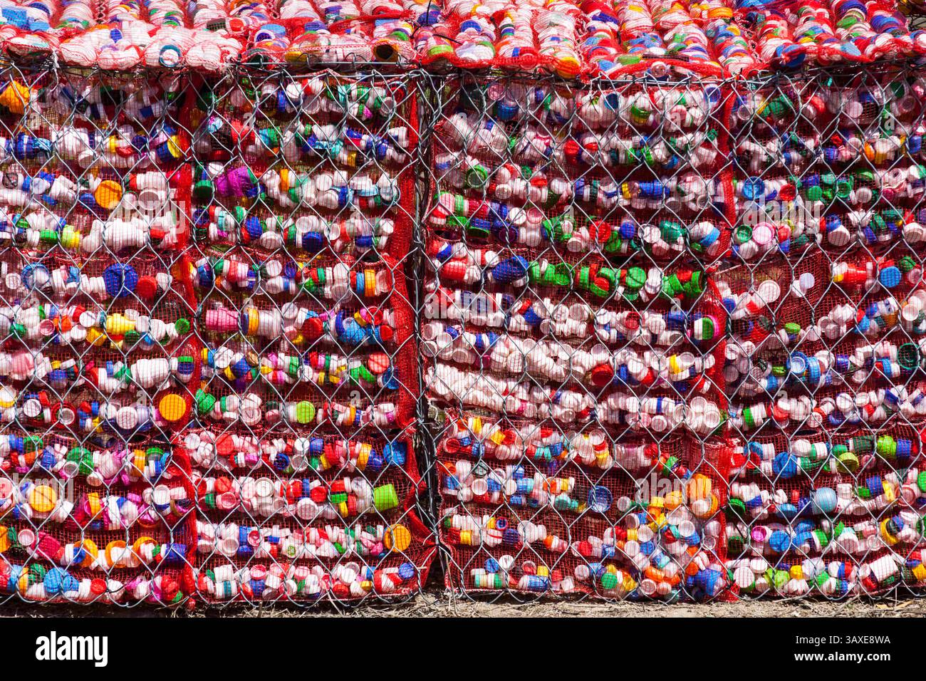 June 29, 2016 - Mozia, Sicily, Italy - Recycled plastic bottle tops ...
