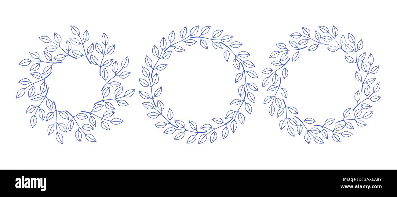Mediterranean blue branches circle frame set. Hand drawn round line ...