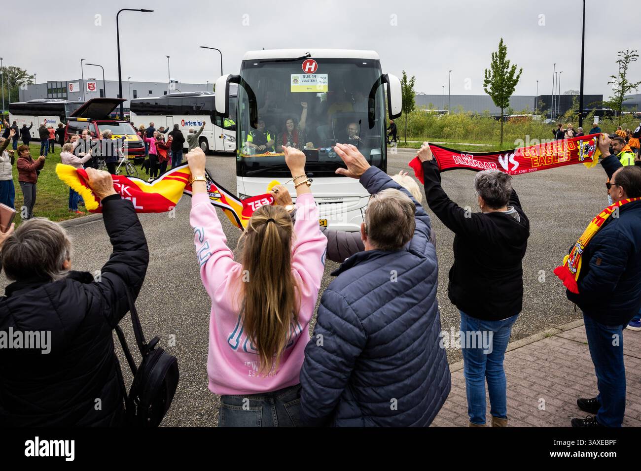 DEVENTER - Buses with Go Ahead Eagles supporters as they leave for the ...