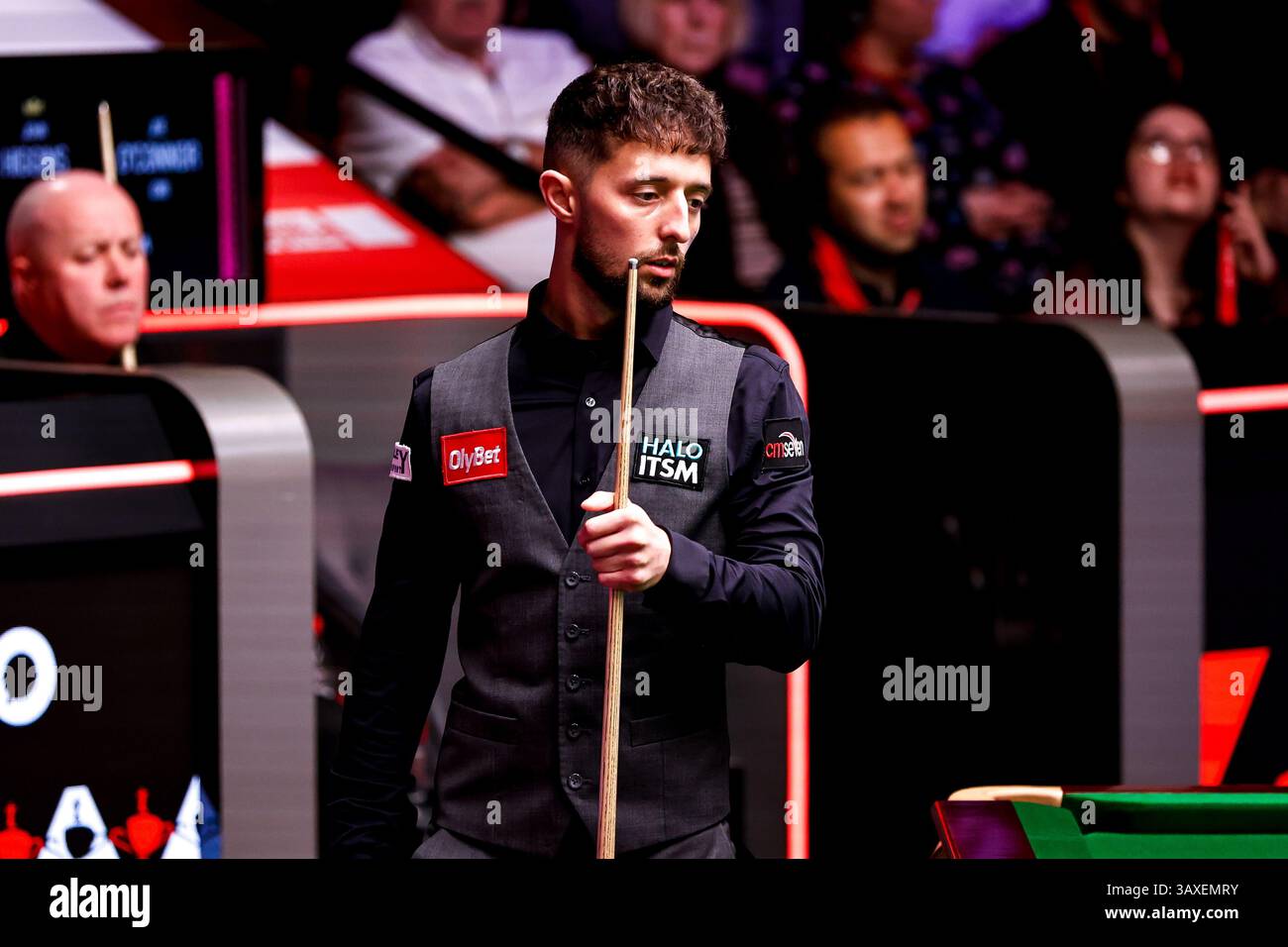 Joe O'Connor during the 2025 Halo World Snooker Championship Round 1 match at The Crucible ...