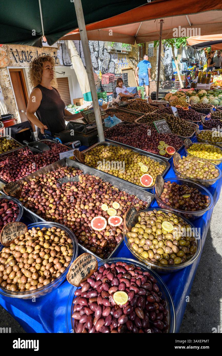 Stall selling olives from all over Greece at Exarcheia's Saturday fruit ...