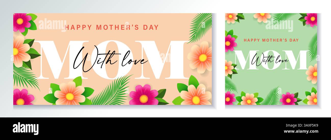 Set of creative beautiful card - MOM With love with spring flowers ...