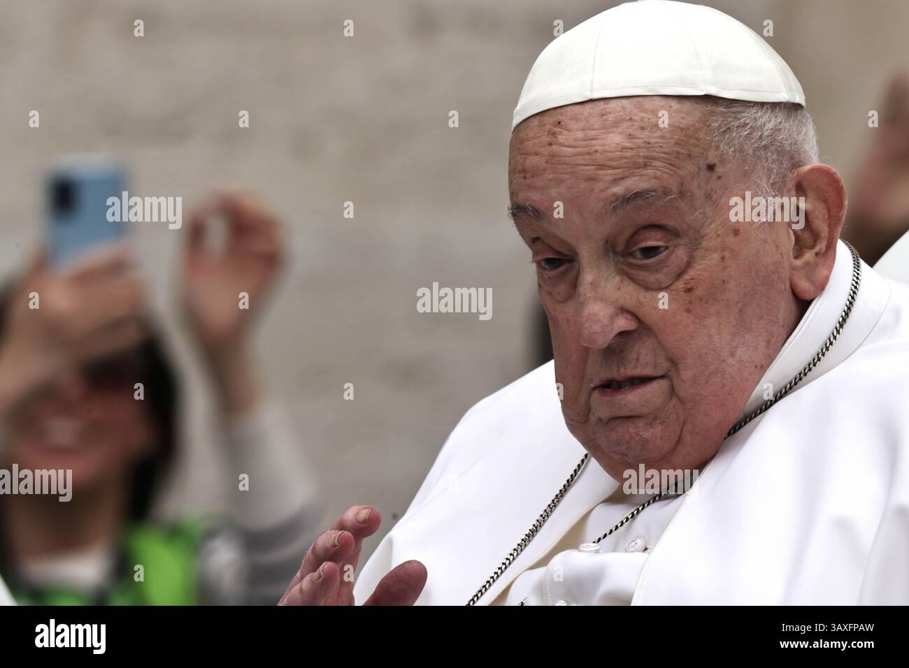 April 20, 2025 - Vatican City. POPE FRANCIS greeted the faithful in St ...