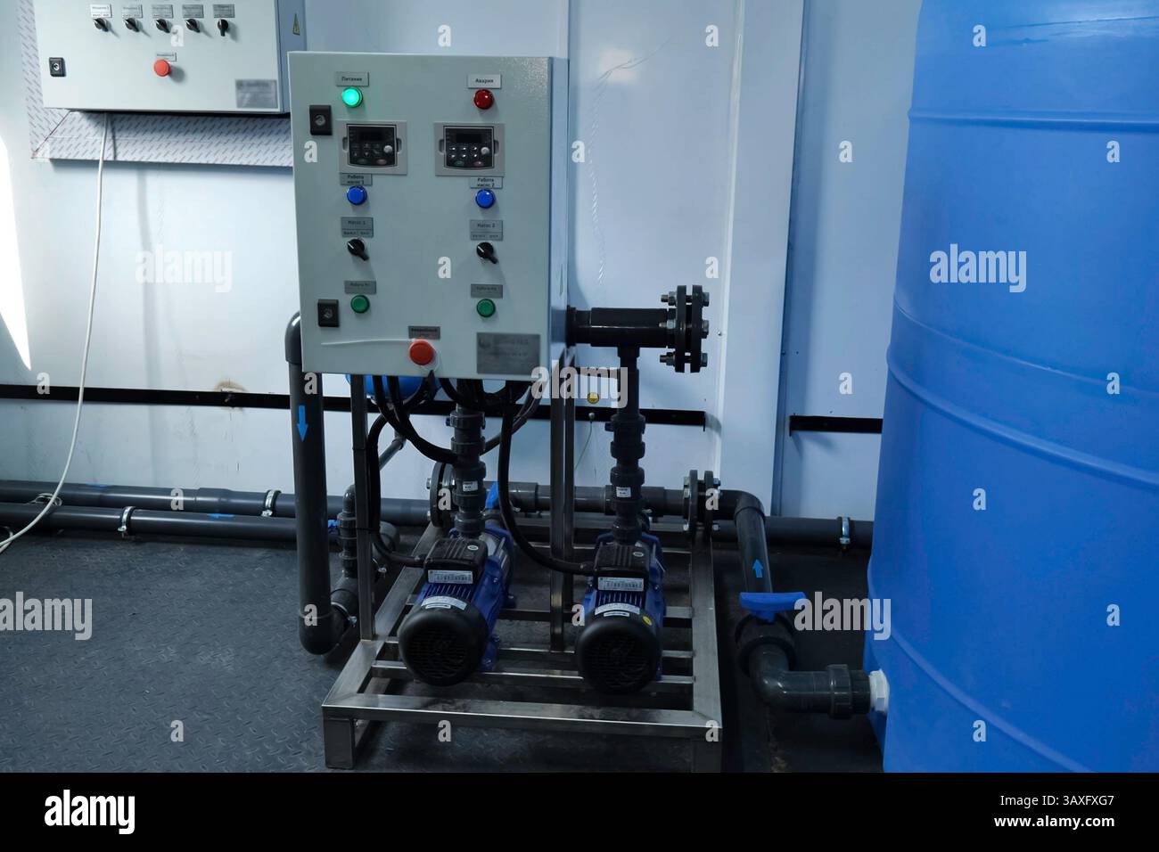 Pumps with induction motors on the pipeline. Pump control panel Stock ...