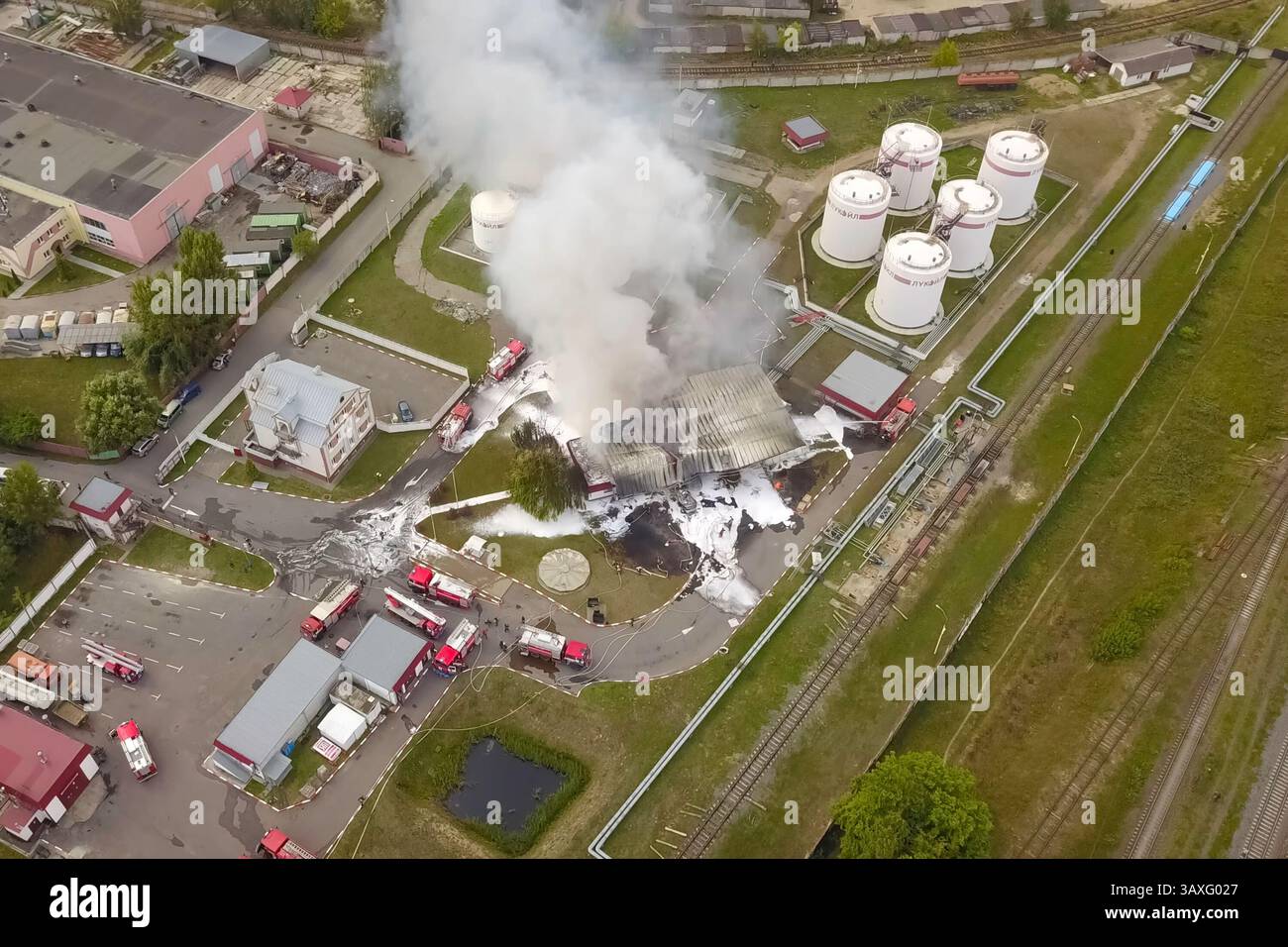 Fire at lukoil oilbal. The oil loading station burned down. Smoke and ...
