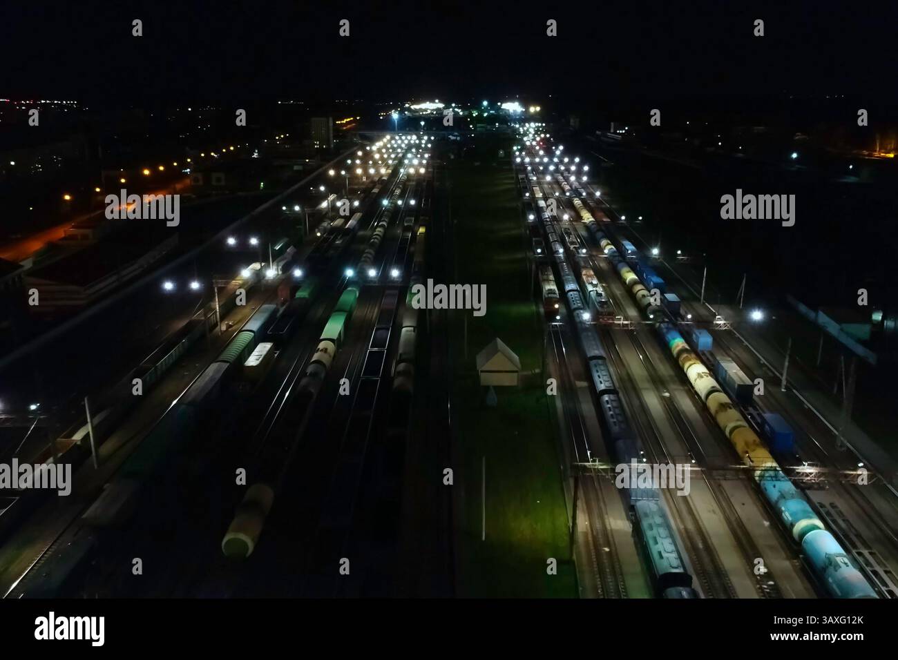 Top view of the railway station. Night time Stock Photo - Alamy