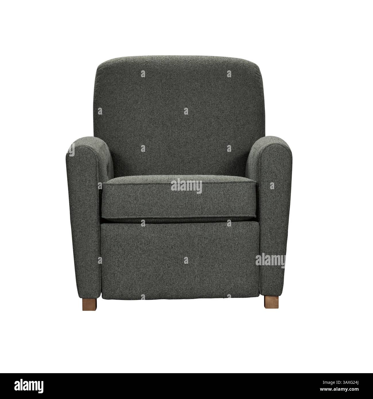 a front view of a modern gray upholstered armchair on a white ...