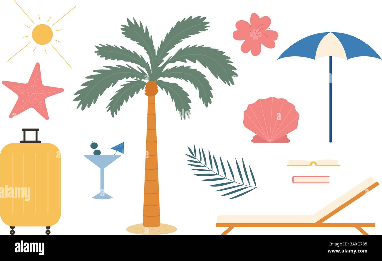 Summer tropical beach and travel set. Vacation sea leisure elements isolated such as palm tree ...