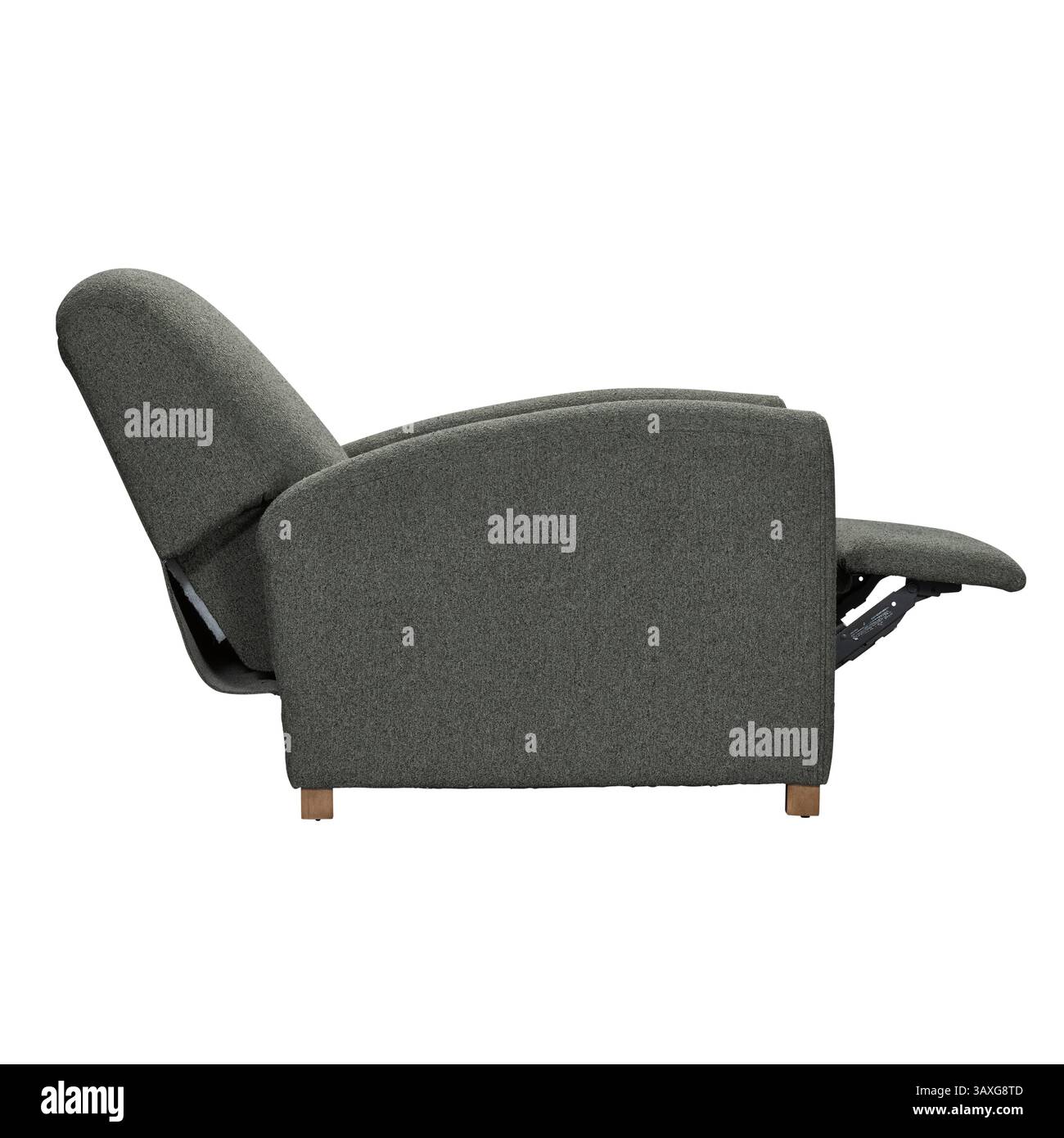 a side view showcases a gray recliner chair set against a white ...