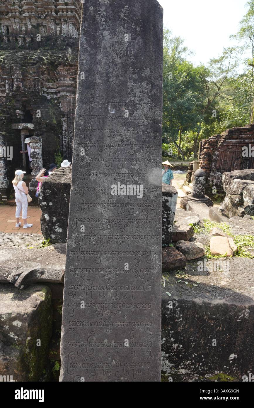 A stele engraved with ancient Champa inscriptions that remain legible ...
