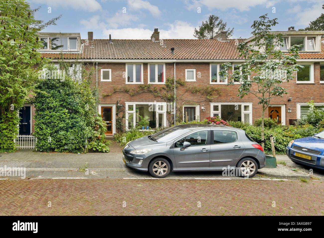 A view of a residential street showcasing parked cars and lush greenery ...