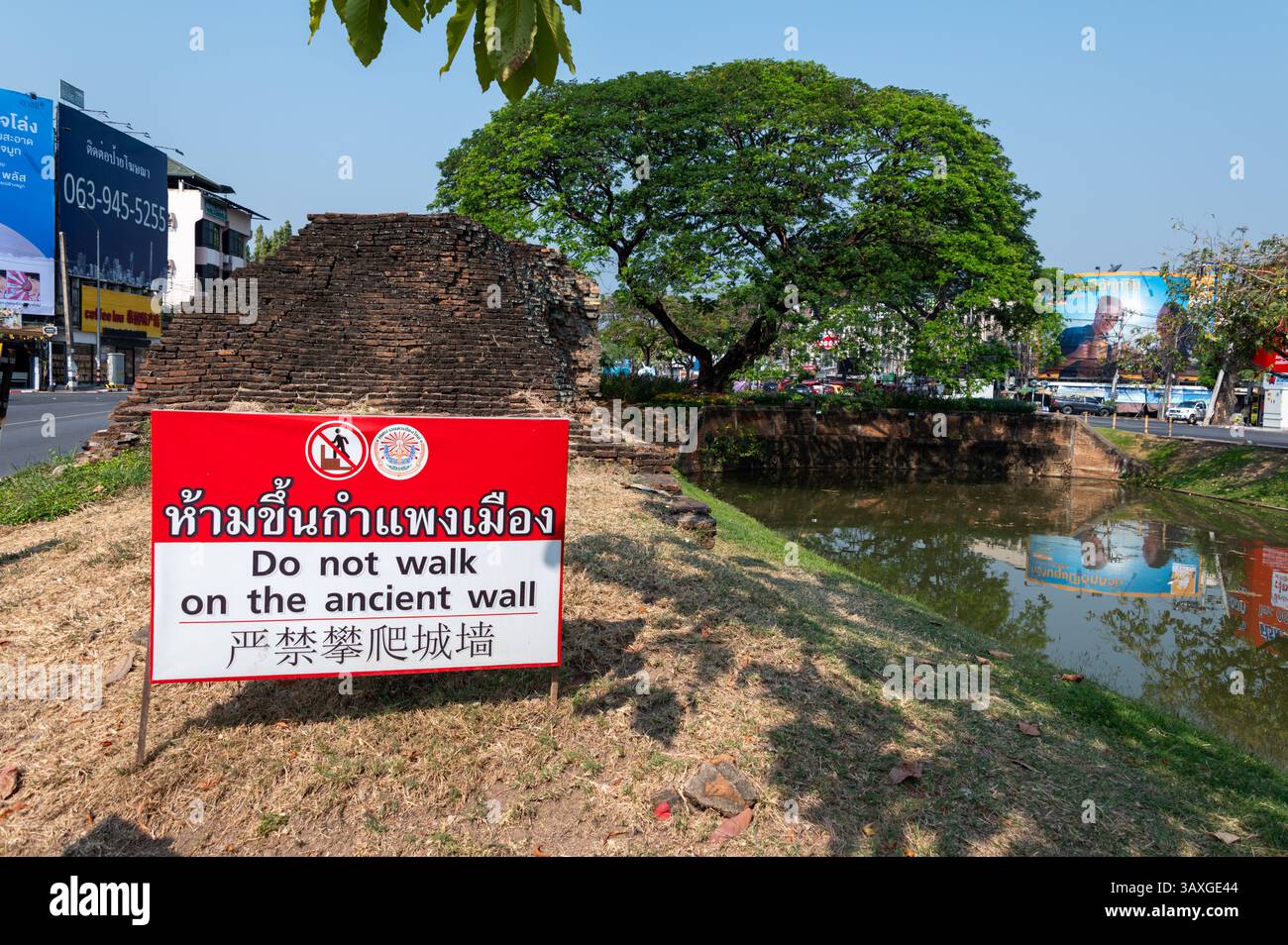 A warning sign written in Thai, Chinese and English on’ Do not walk on ...