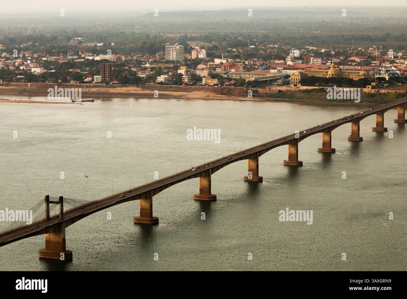 View of Pakse and the Laos-Nippon bridge over the Mekong River, built ...