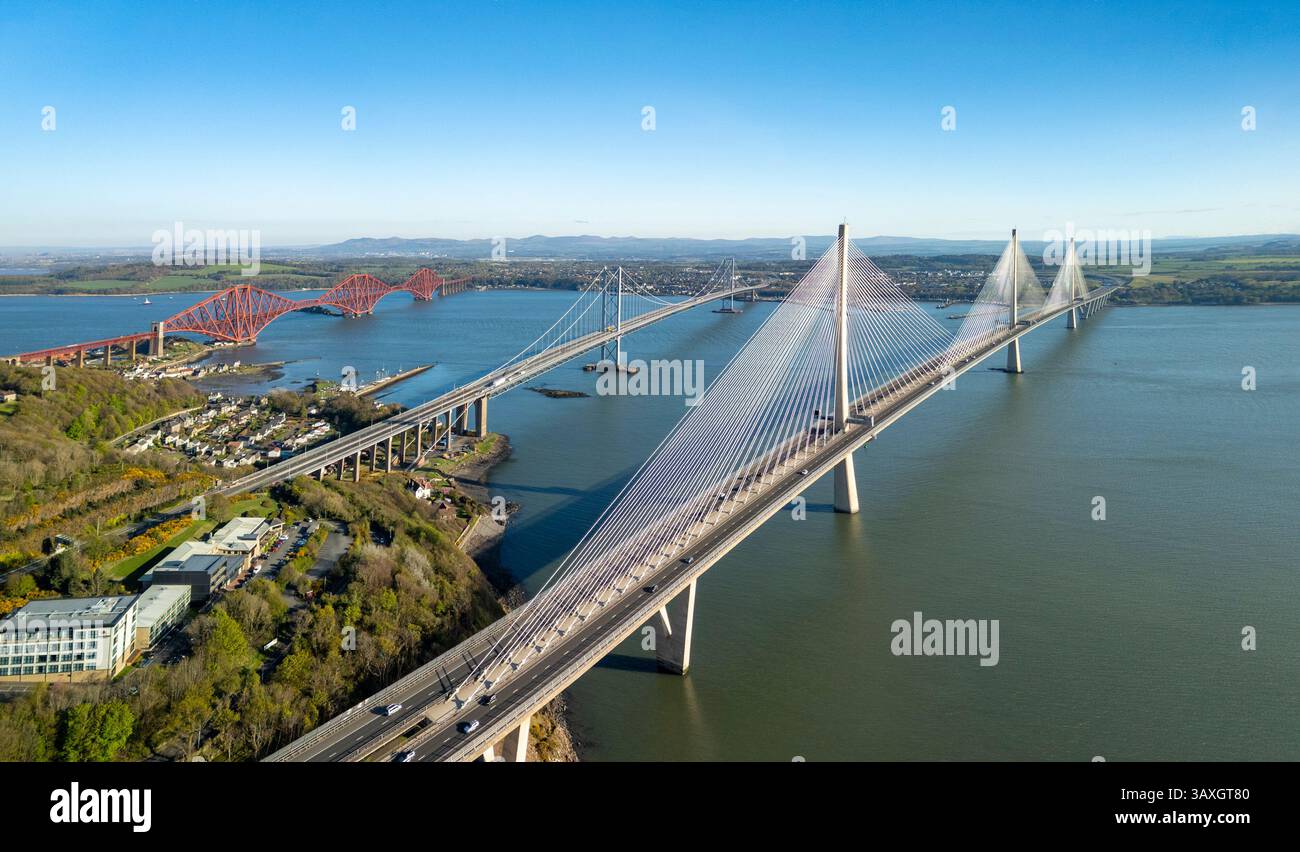 Aerial view of three bridges crossing the Firth of Forth at North ...