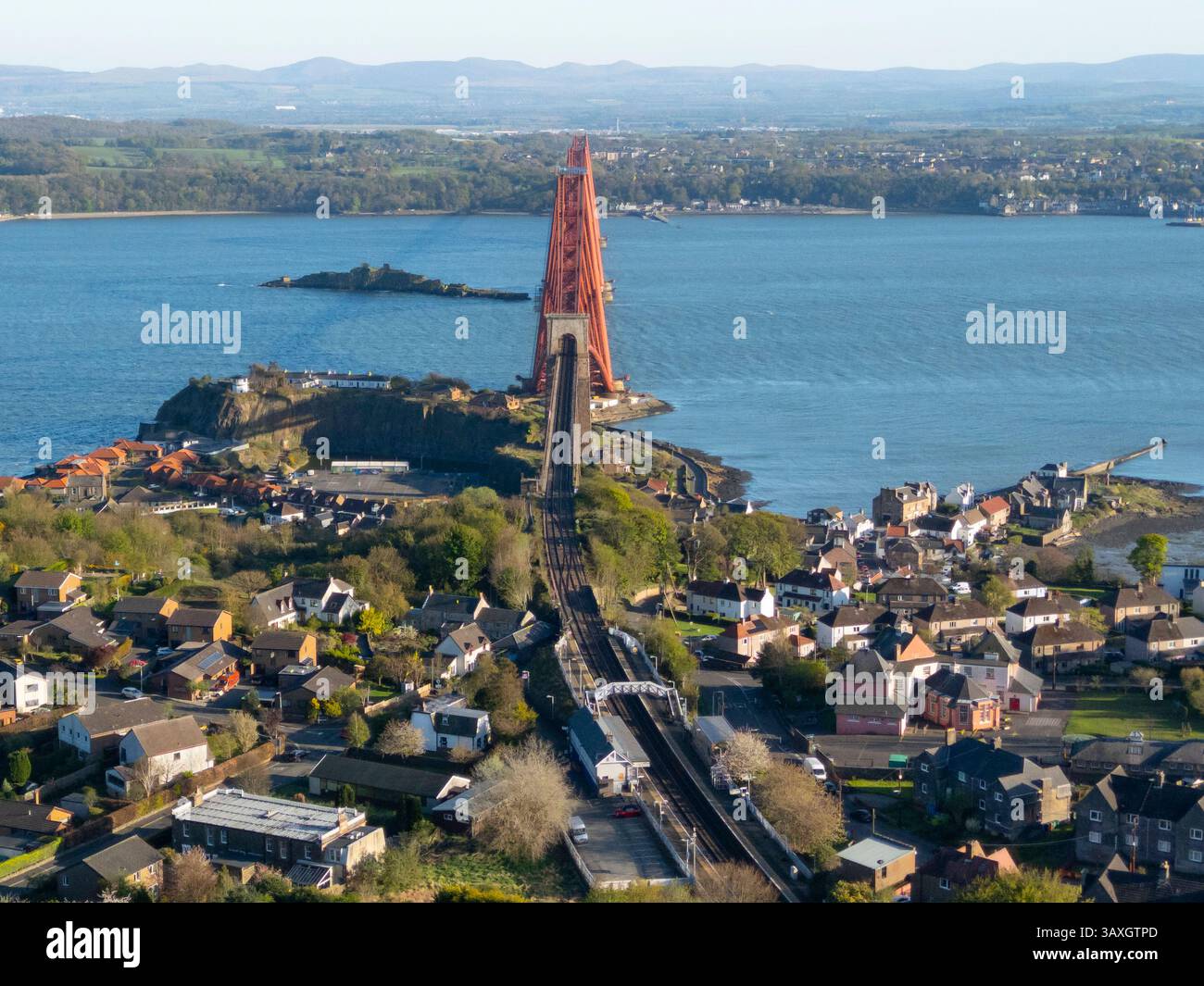 Aerial view of North Queensferry and Forth bridge, in Fife, Scotland ...
