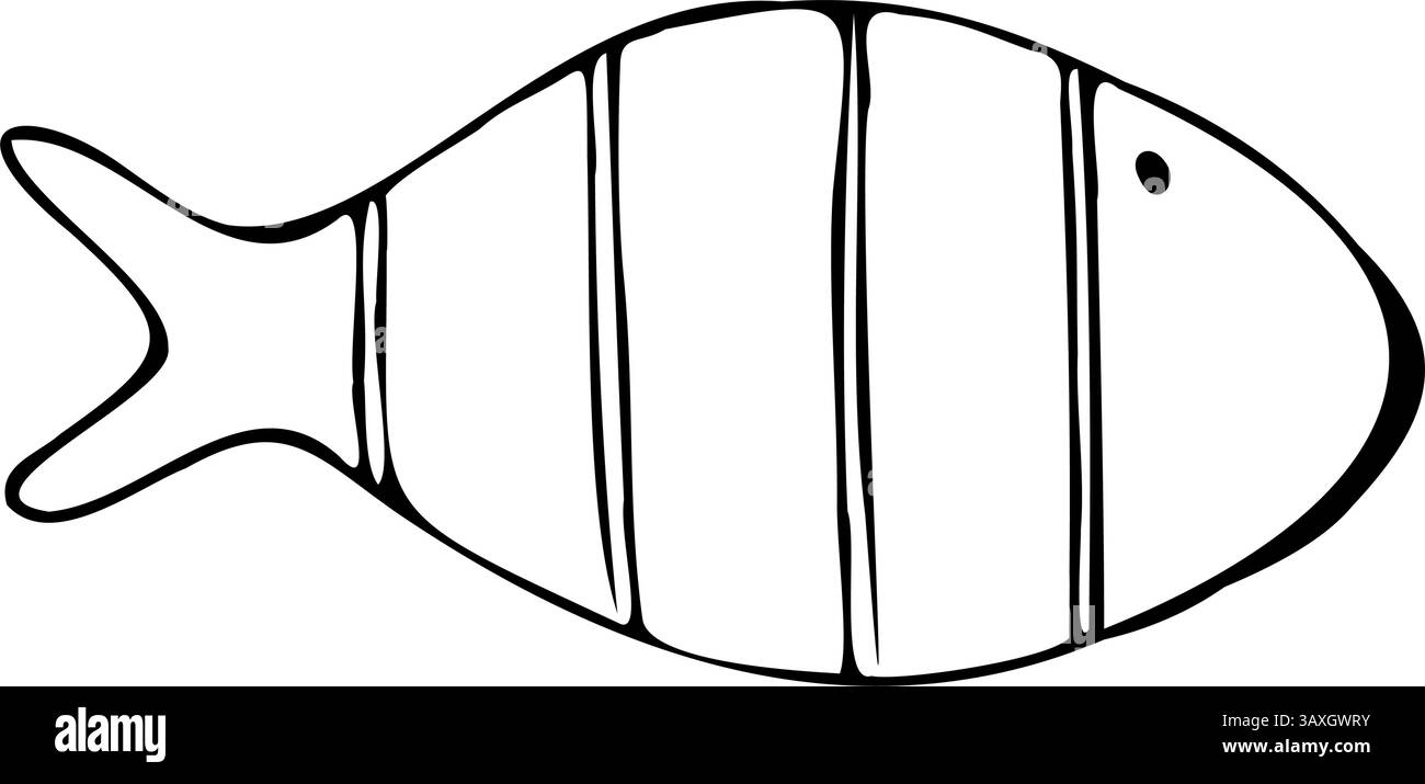Small round fishes of simple shape with rustic patterns. Graphic line ...