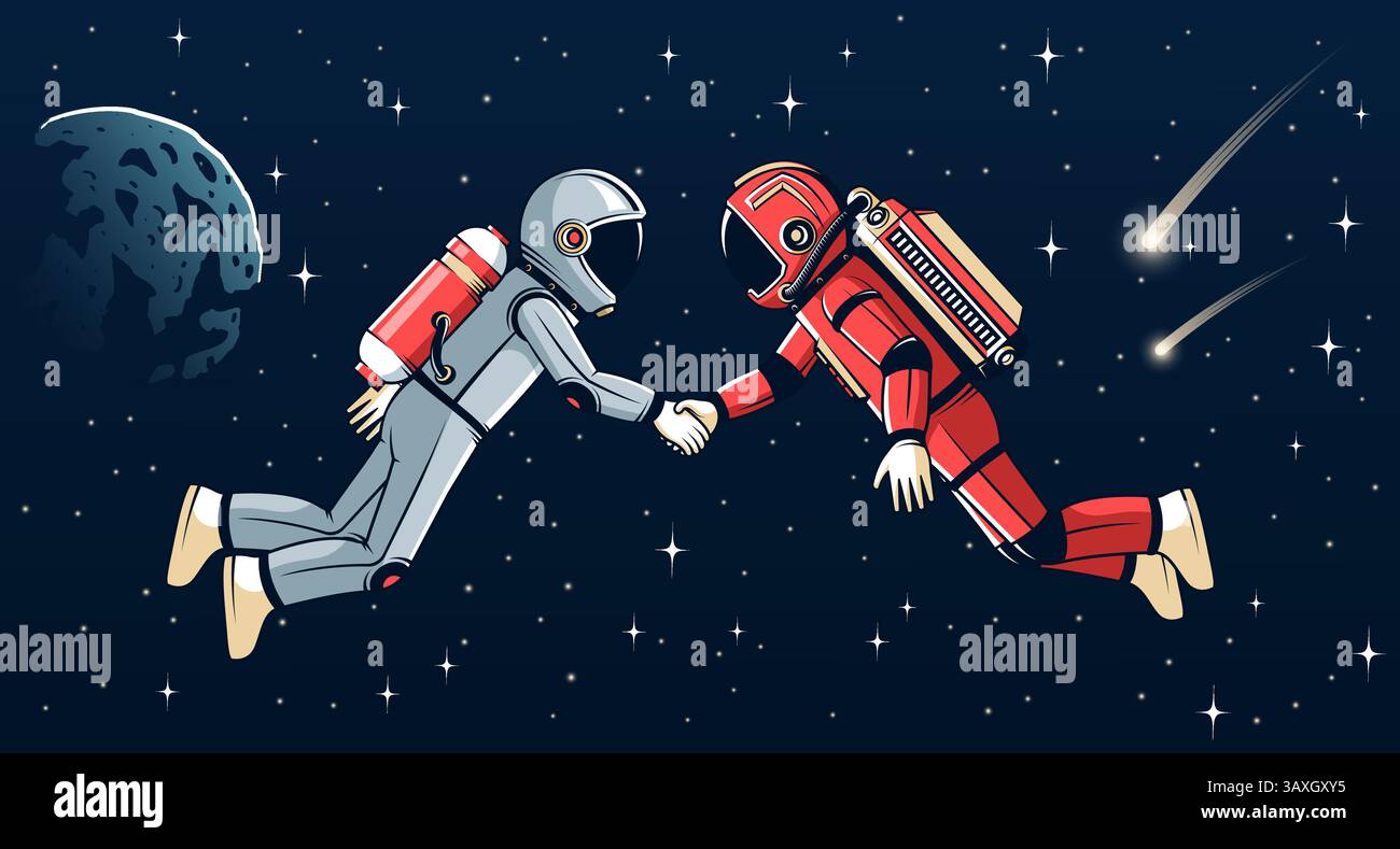 Two astronauts shaking hands in space, symbolizing unity and ...