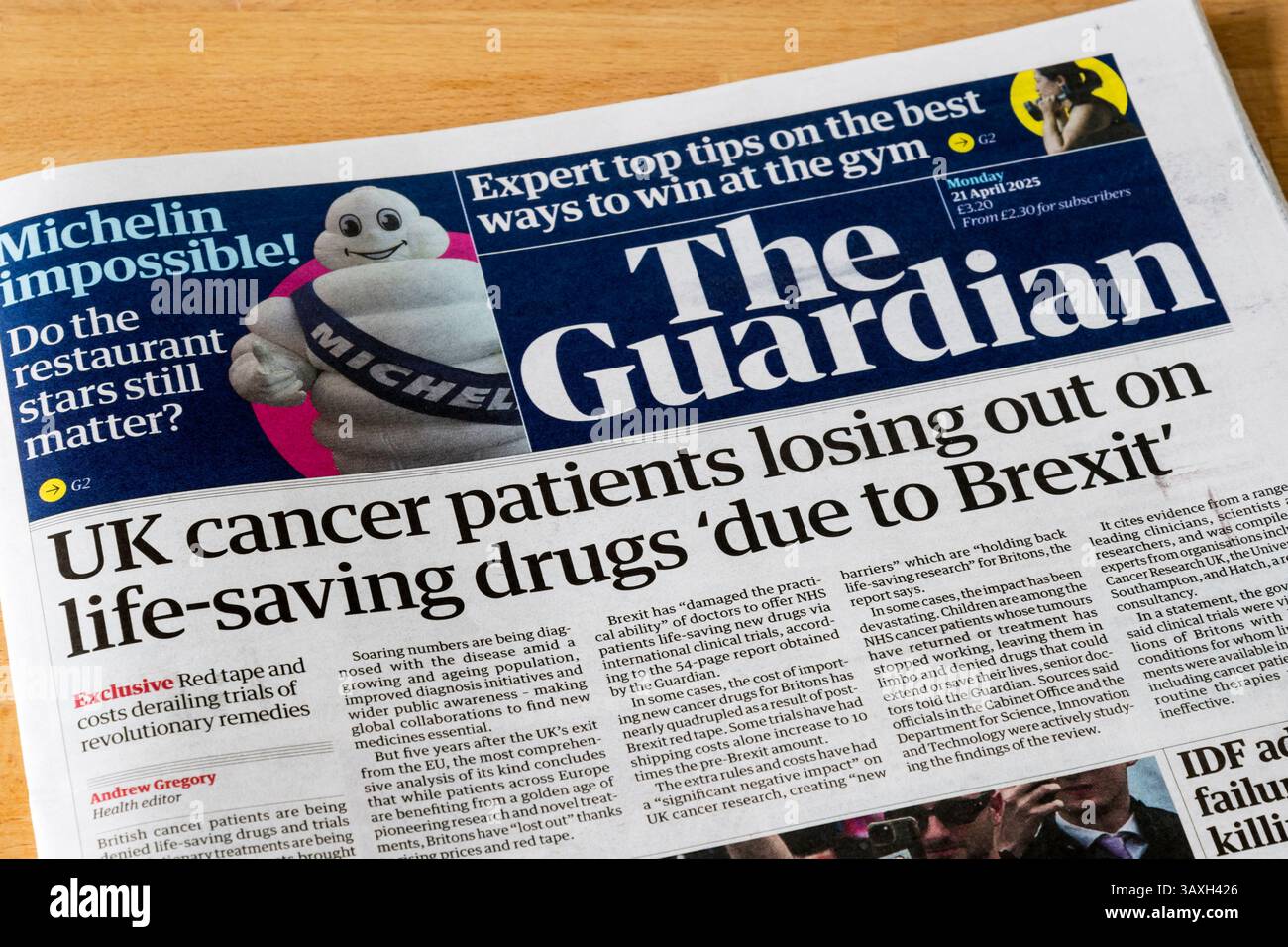 21 April 2025. Front page headline in The Guardian reads UK cancer ...
