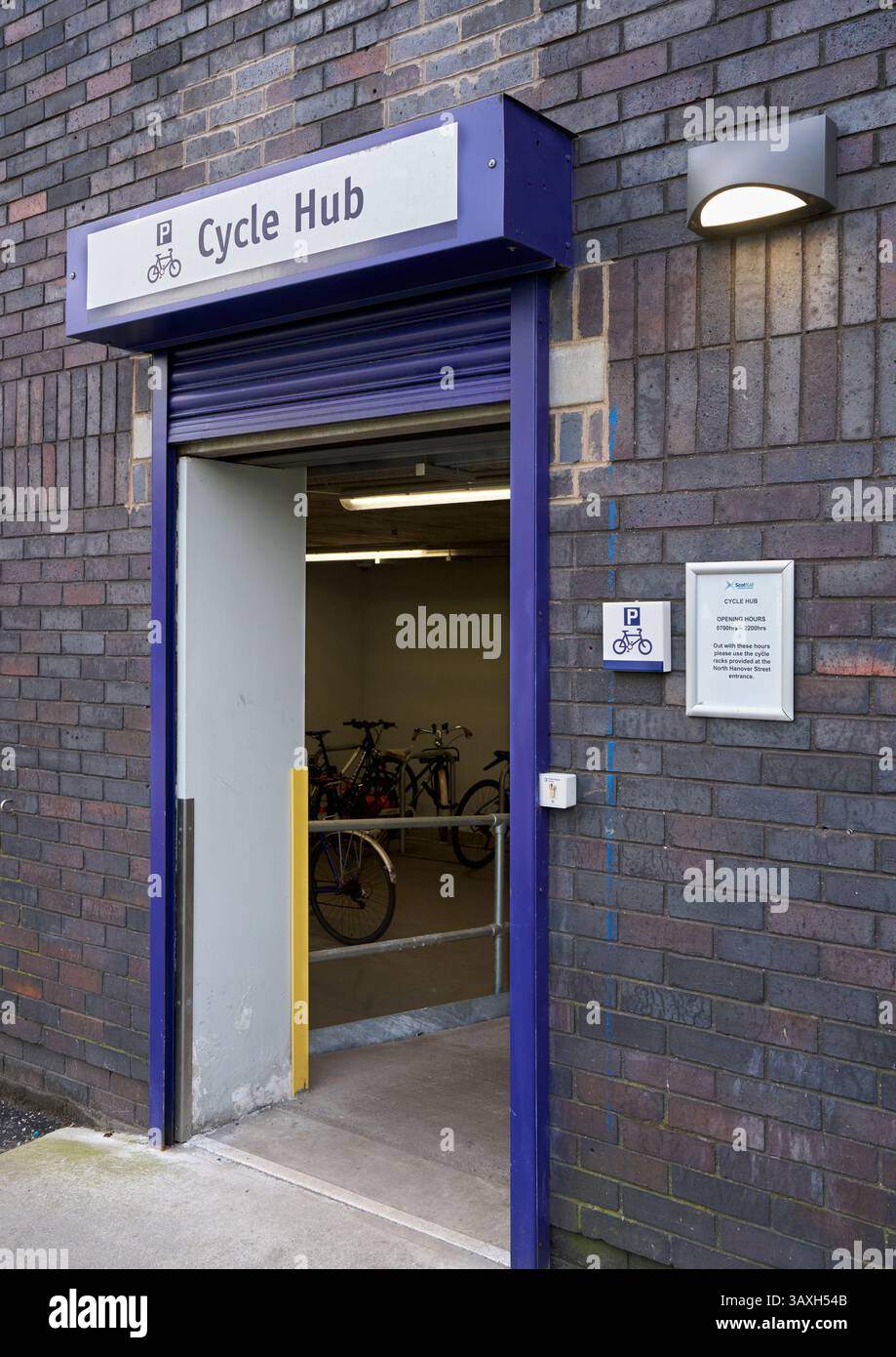 Entrance to cycle hub parking at side of Glasgow Queen Street station ...