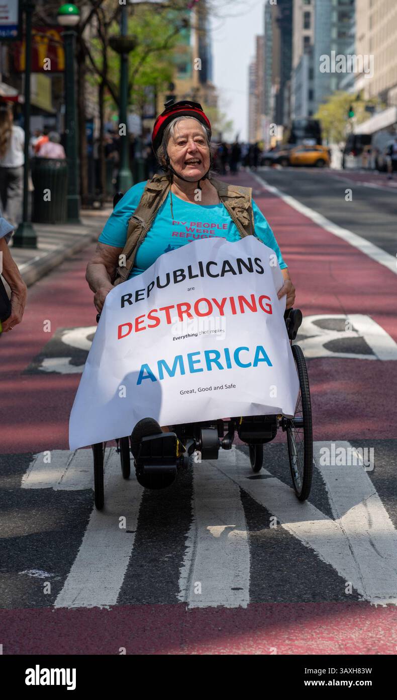 New York, United States. 19th Apr, 2025. A disabled woman in a wheel ...