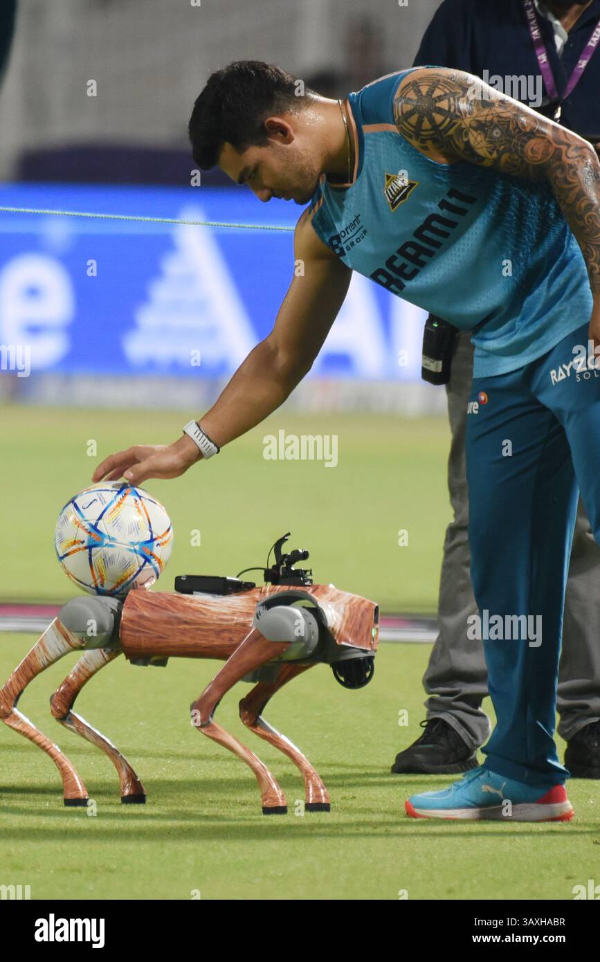 Kolkata, India. 21st Apr, 2025. The robot dog during the Indian Premier ...