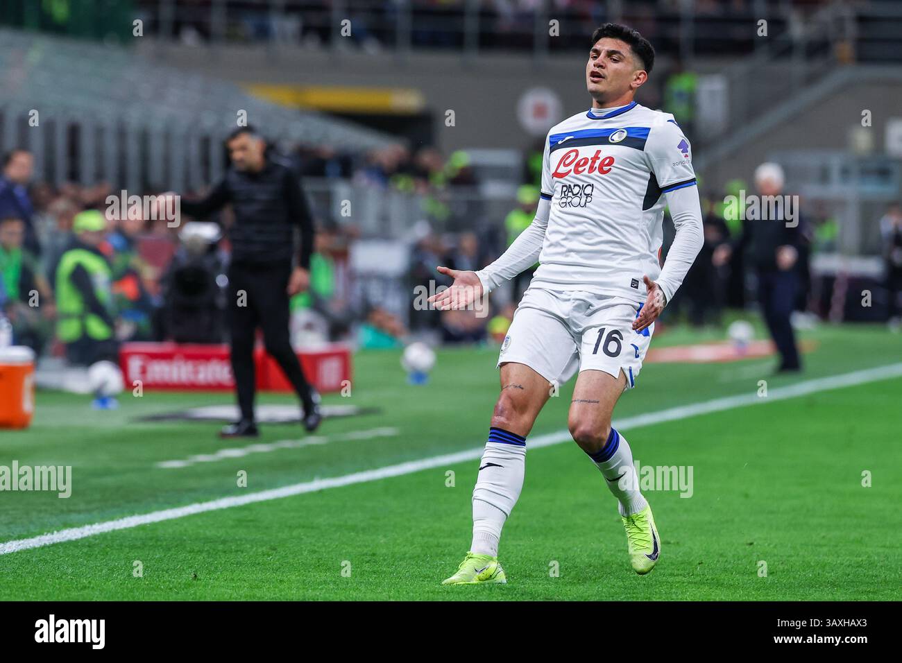 Milan, Italy. 21st Apr, 2025. Raoul Bellanova of Atalanta BC reacts ...