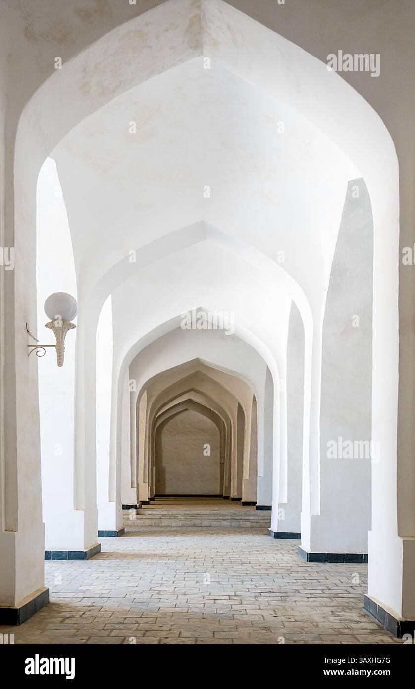 Architectural interior with traditional Islamic arches and white stucco ...