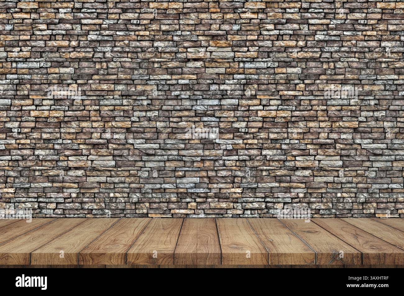 An empty wooden countertop against a brick wall Stock Photo - Alamy