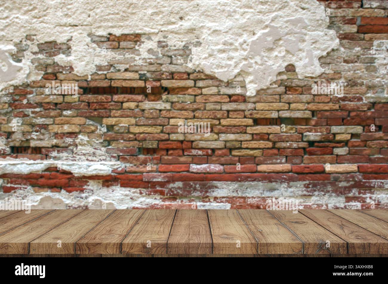 An empty wooden countertop against a brick wall Stock Photo - Alamy