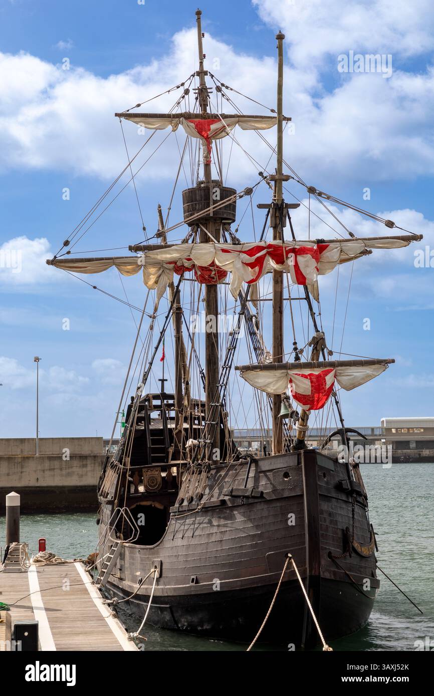 Replica of an historic sailing ship in port of Funchal, Island of ...