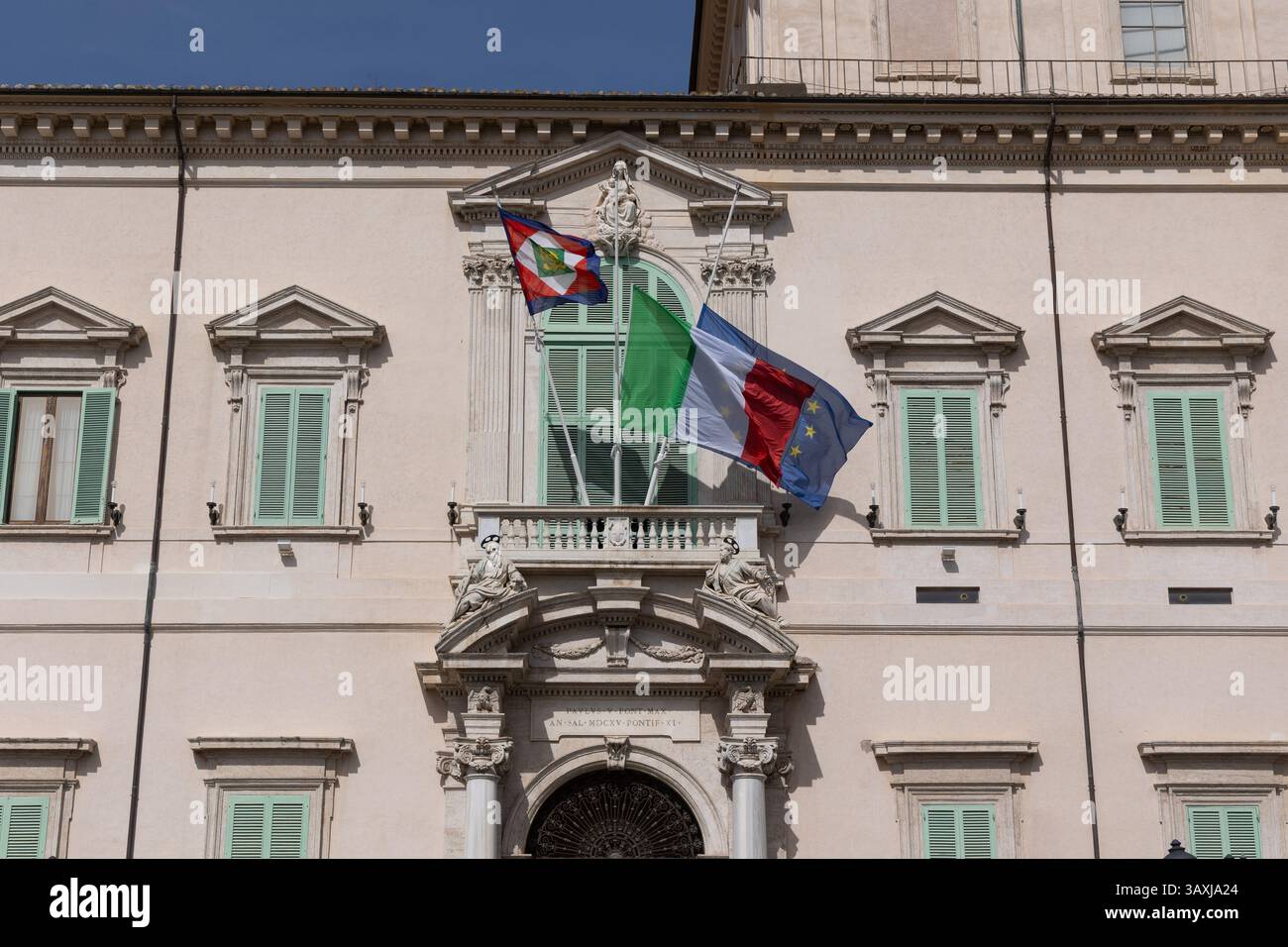 Rome, Italy. 21st Apr, 2025. Flags at half-mast on the Quirinale Palace ...