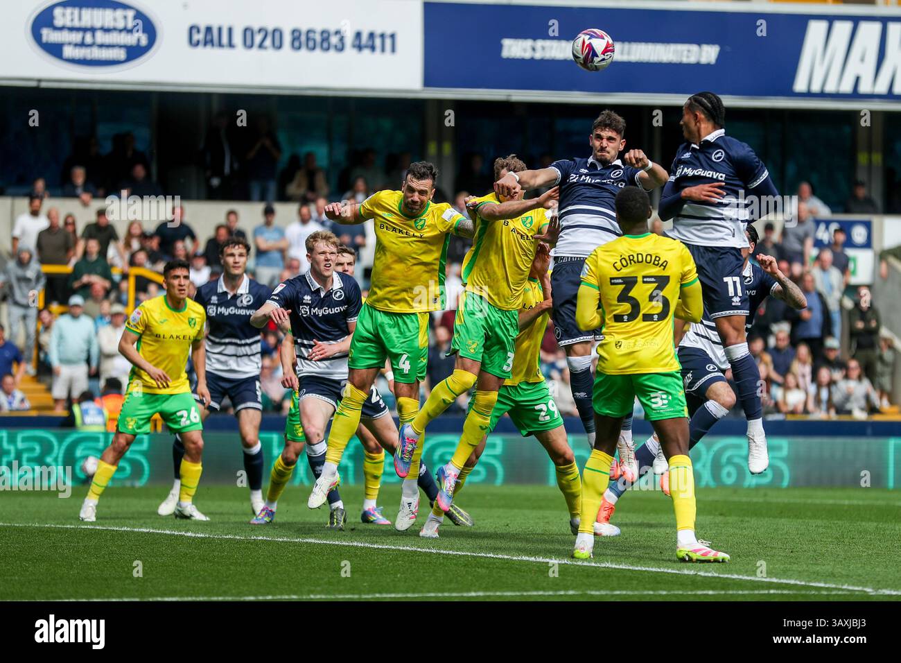 London, UK. 21st Apr, 2025. Mihailo Ivanovic of Millwall heads the ball ...