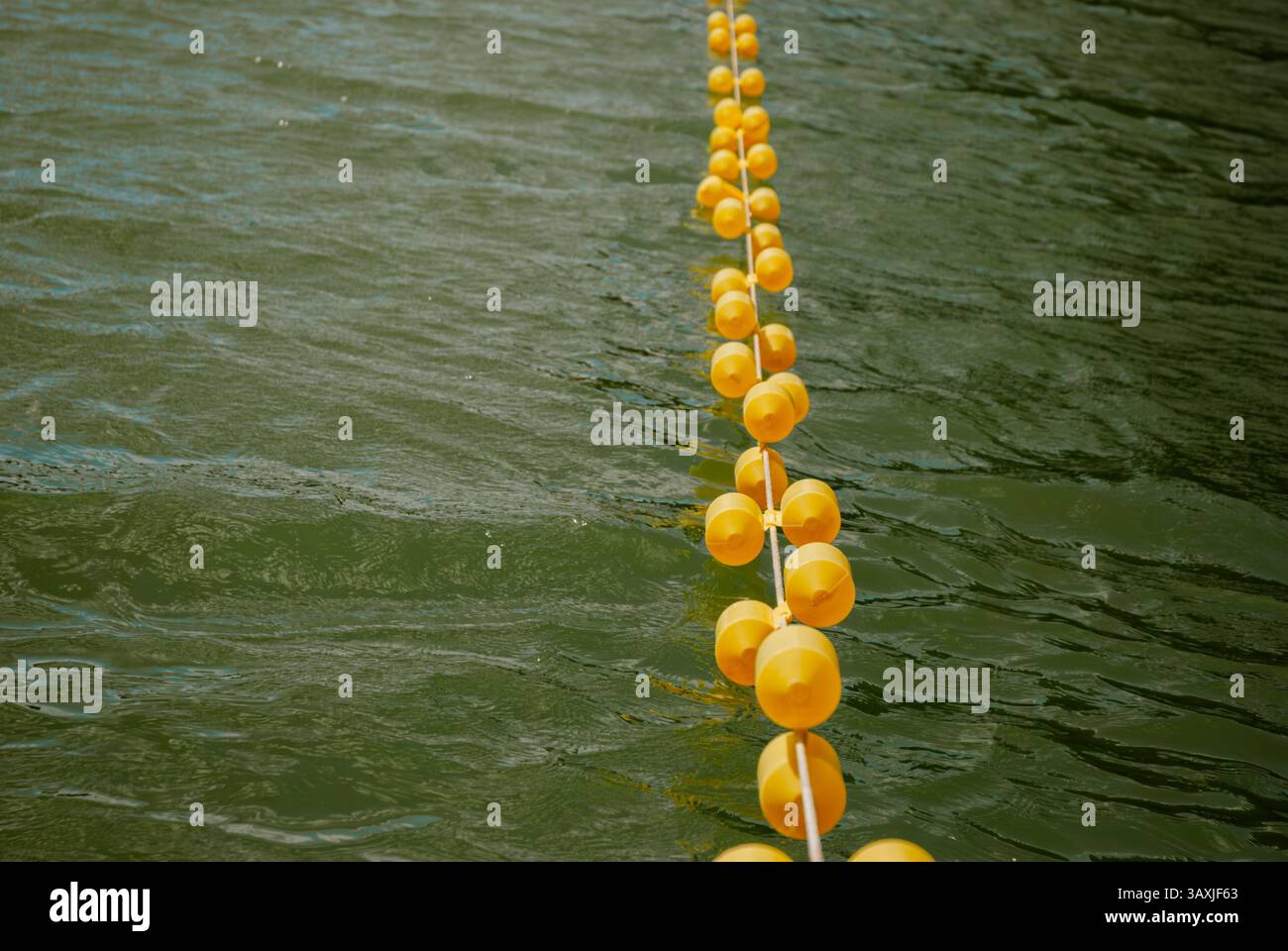 Yellow buoys floating on lake water surface for nautical safety and ...
