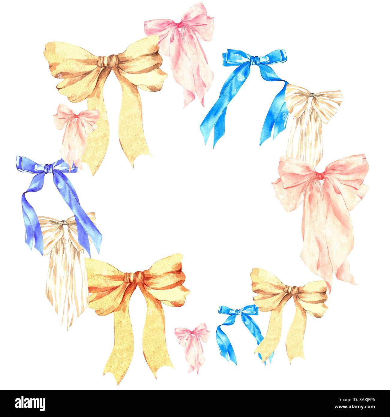 Wreath of yellow, pink, blue, purple, beige bows of large and small ...