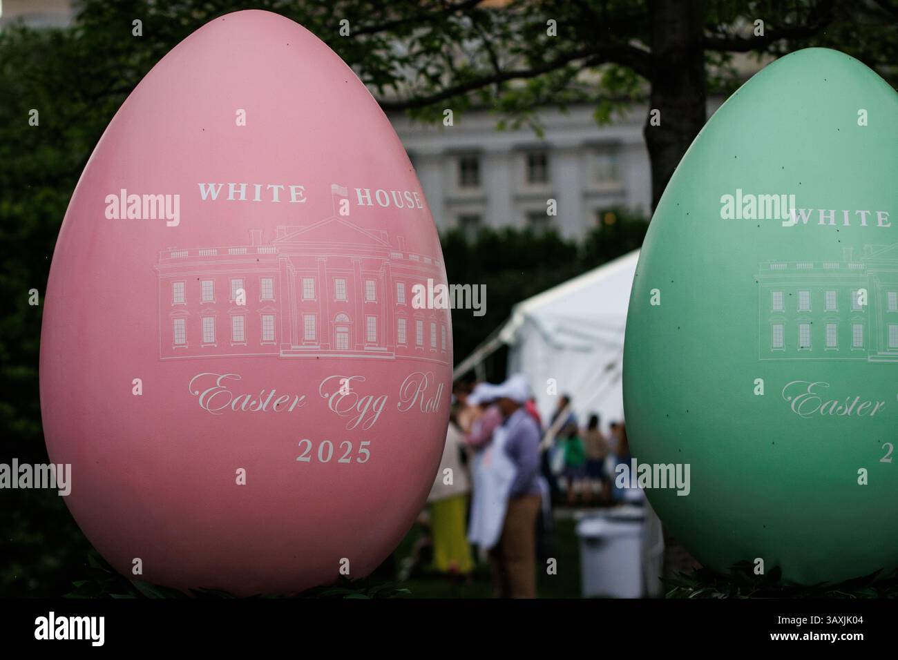 Large colored eggs are seen during a preview of the 2025 Easter Egg ...