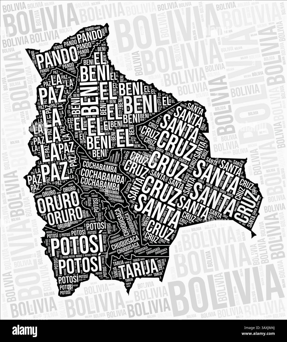 Bolivia regions map word cloud. Bolivia region names. Black and white map design. Trending ...