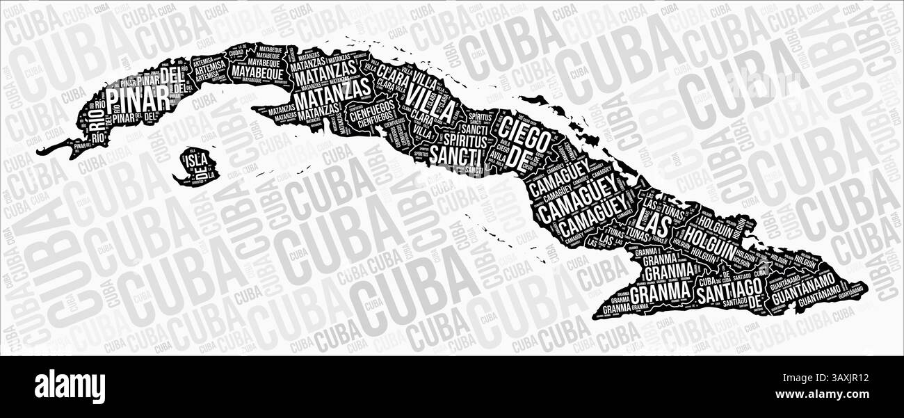 Cuba regions map word cloud. Cuba region names. Black and white map ...