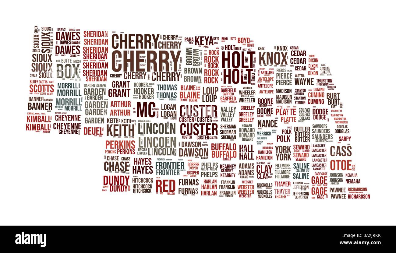 Nebraska Word Cloud. State shape with county division. Nebraska ...