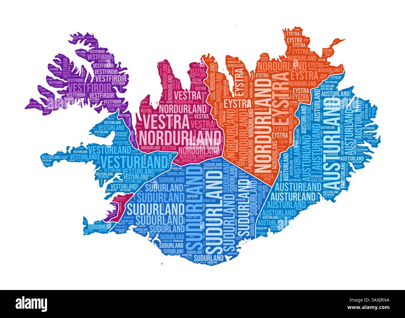Iceland shape. Country word cloud with region division. Iceland colored ...