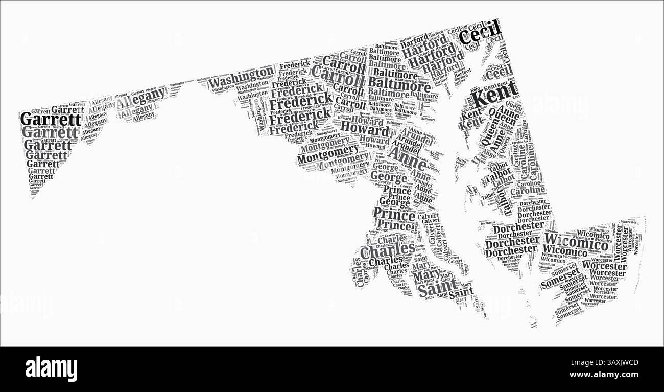 Maryland Text Style Counties. State region names word clouds in English ...
