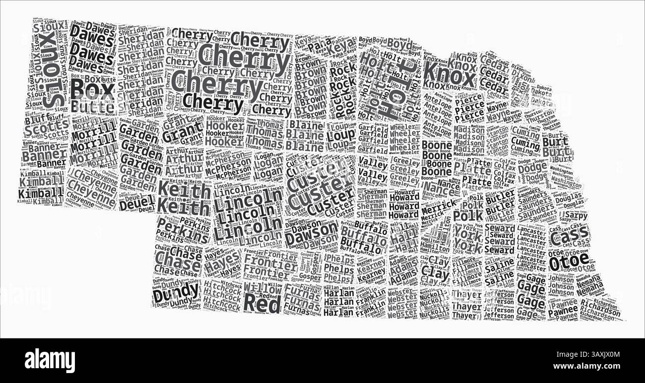 Nebraska text style counties. State region names word clouds in English ...