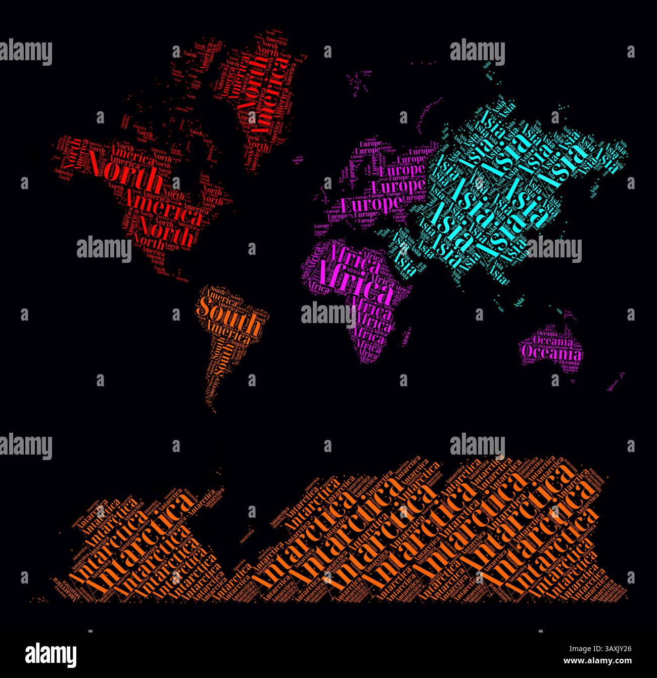 World Regions Word Clouds. Bright typographic style design on dark ...