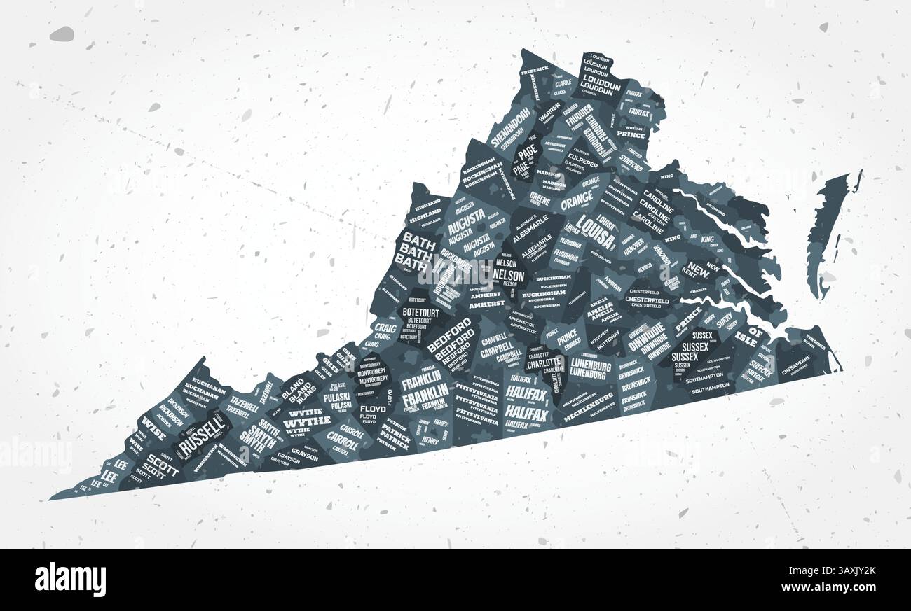 Virginia counties word clouds. State shape on textured background. Virginia design in ...