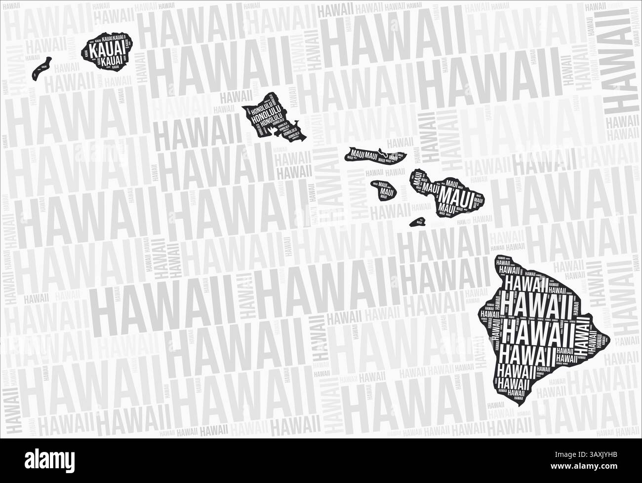Hawaii counties map word cloud. Hawaii region names. Black and white map design. Stylish vector ...