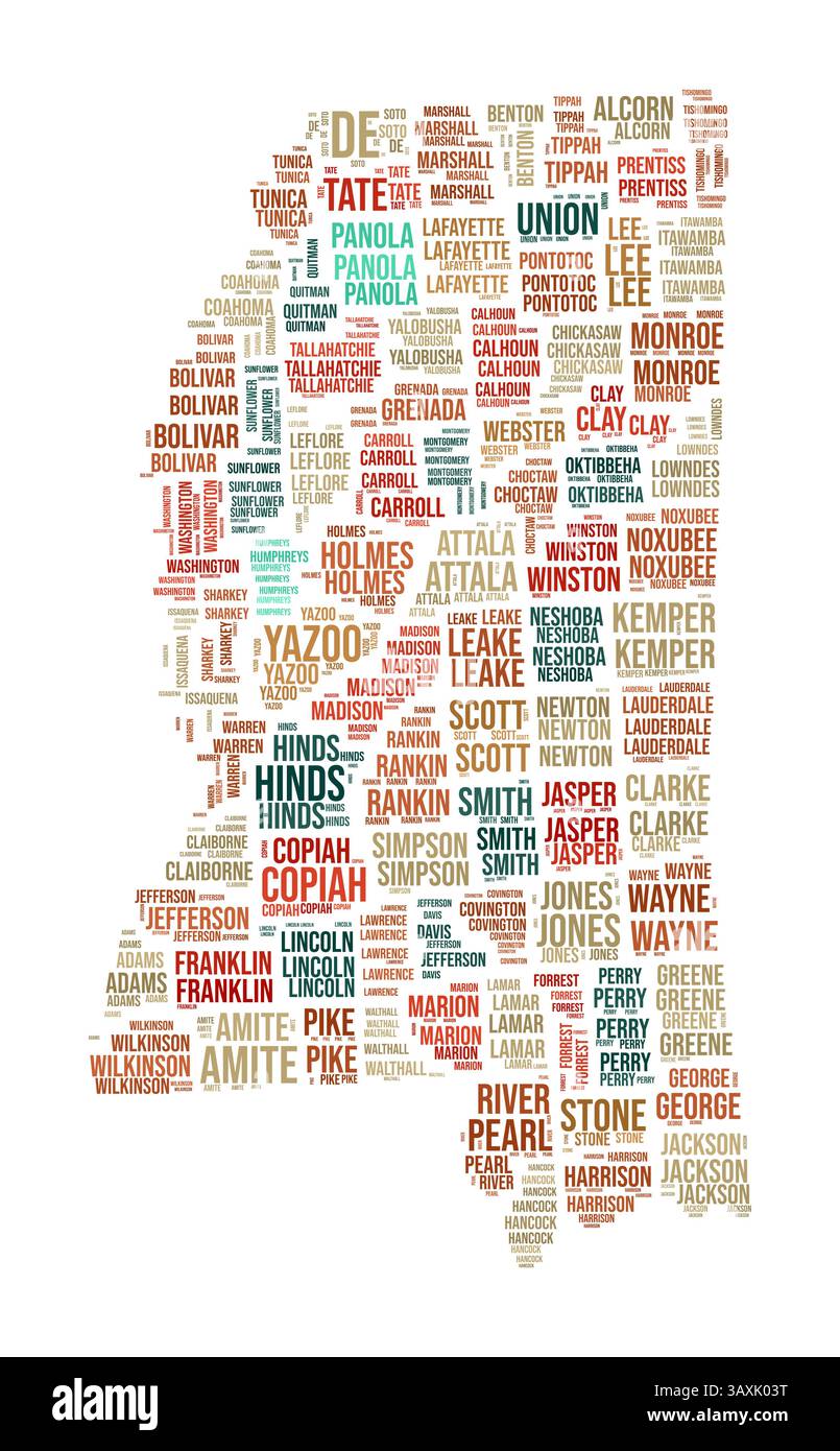 Mississippi Word Cloud. State shape with county division. Mississippi ...