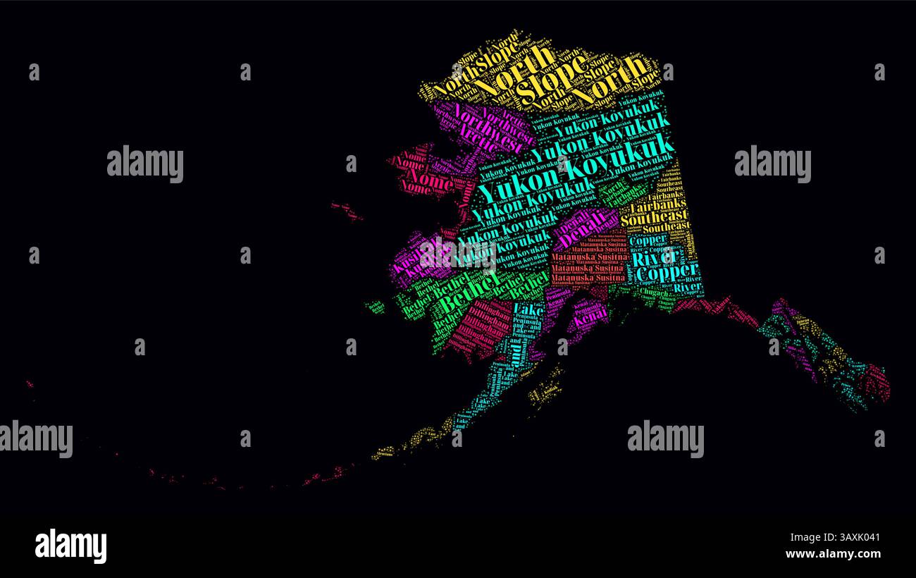 Alaska Regions Word Clouds. Bright typographic style design on dark ...