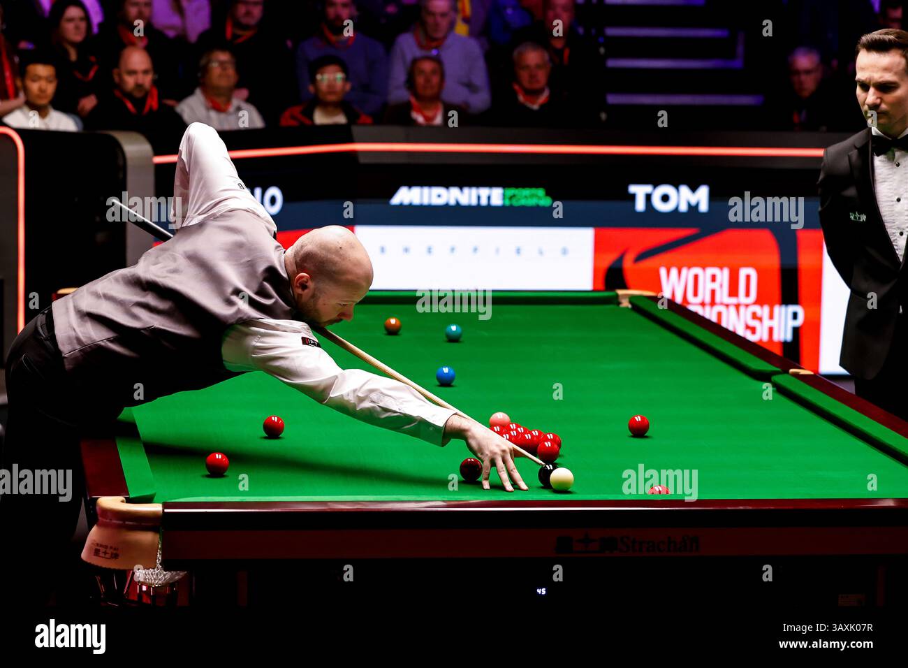Zak Surety plays a shot during the 2025 Halo World Snooker Championship ...