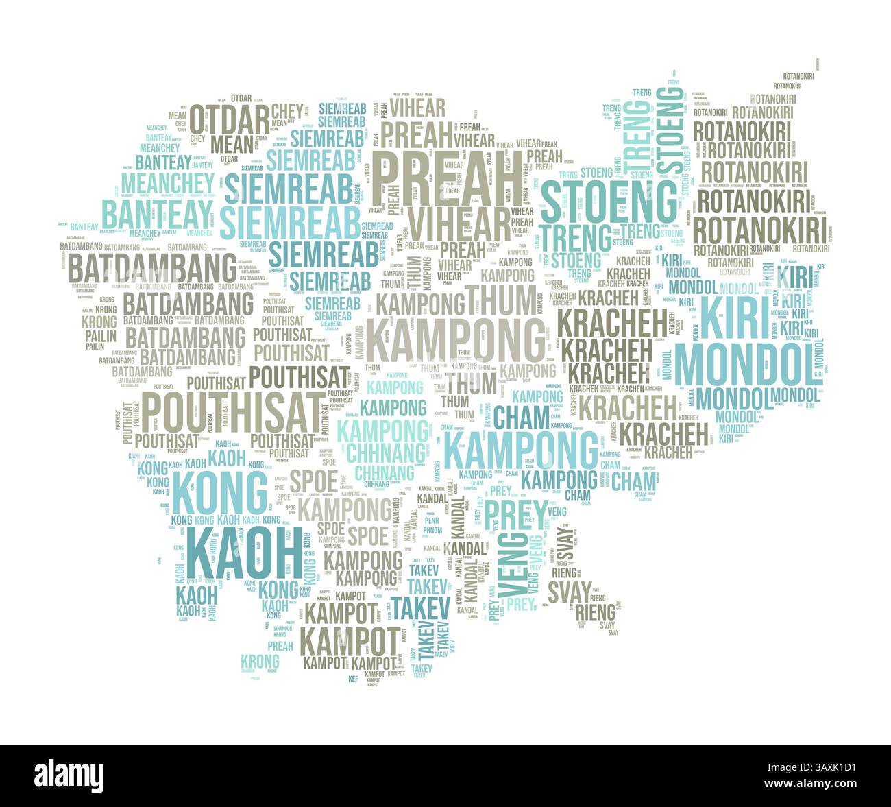Cambodia Word Cloud. Country shape with region division. Cambodia typography style image. Region ...