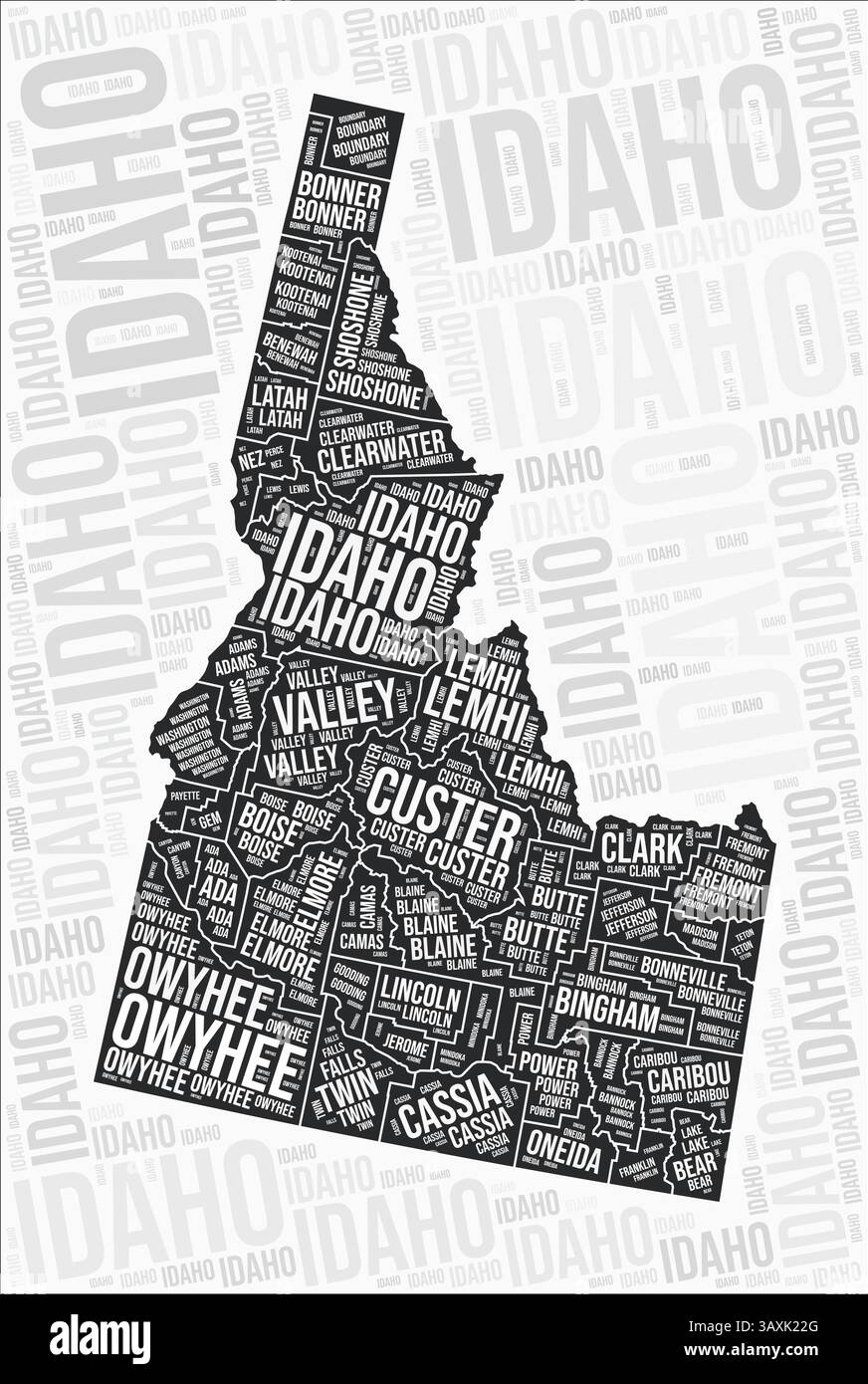 Idaho counties map word cloud. Idaho region names. Black and white map ...